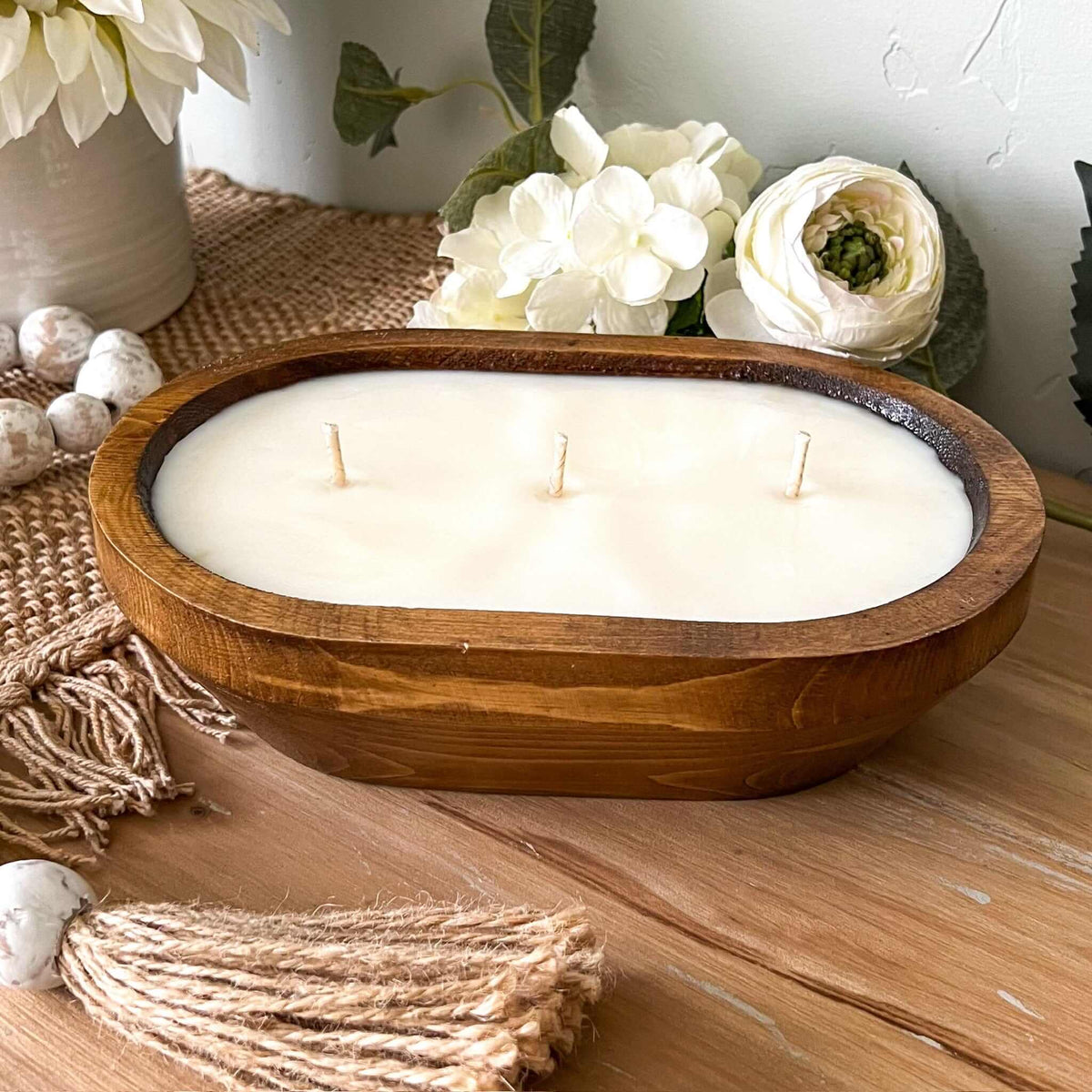 3 Wick Farmhouse Wood Bowl Candle - Marmeez